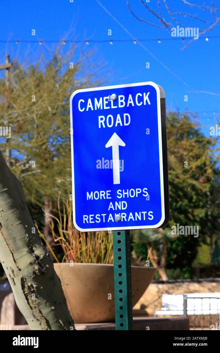 Blue Camelback Road direction sign in the Southbridge District of ...