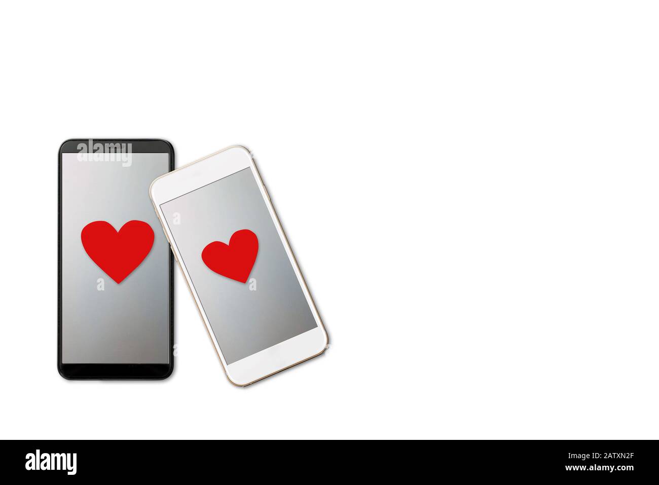 on white background isolated two smartphones with hearts on the screen ...
