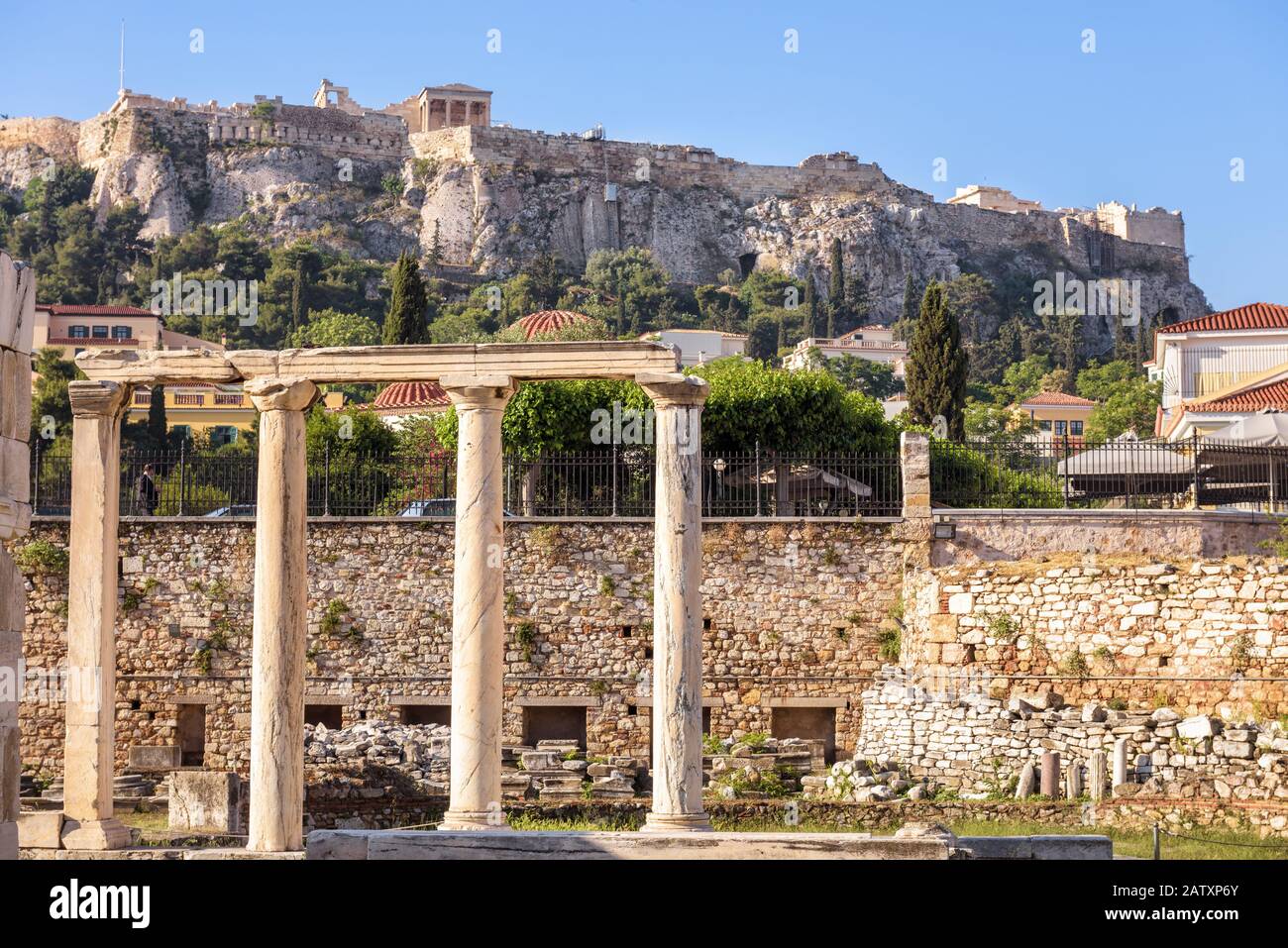 Sunny view of the Library of Hadrian overlooking Acropolis, Athens ...