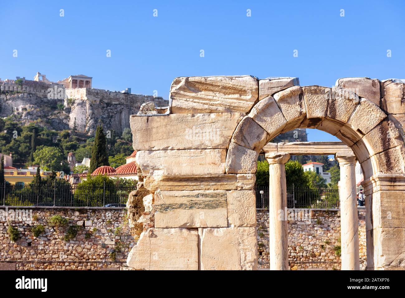 Remains of the Library of Hadrian overlooking Acropolis, Athens, Greece ...