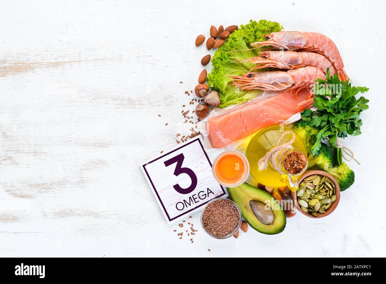 Foods containing omega 3. Vitamin Healthy foods: avocados, fish, shrimp ...