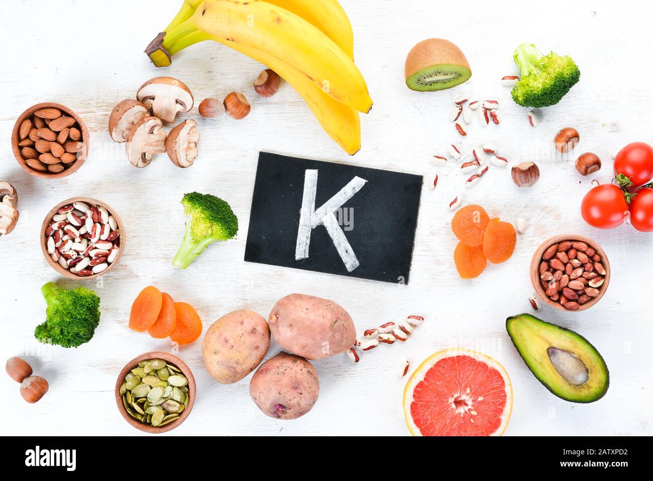 Foods containing natural potassium. K: Potatoes, mushrooms, banana ...