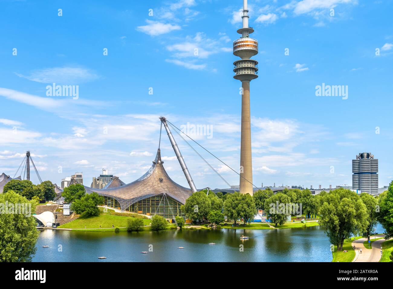 Munich Olympiapark in summer, Germany. It is the Olympic Park, landmark ...