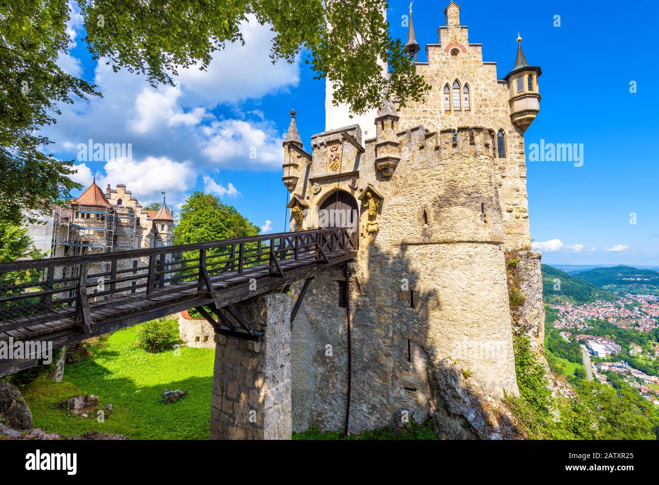 Lichtenstein Castle with bridge, Baden-Wurttemberg, Germany. This fairy ...