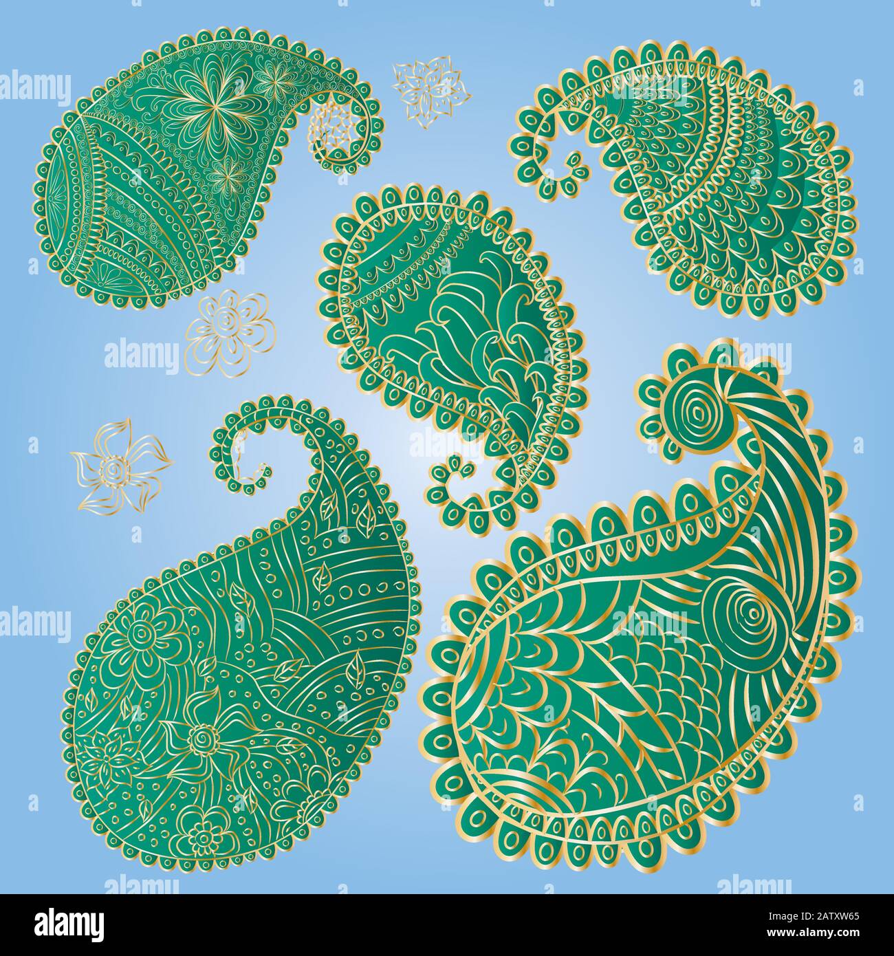Five unique paisley elements in trendy green and gold colors Stock ...