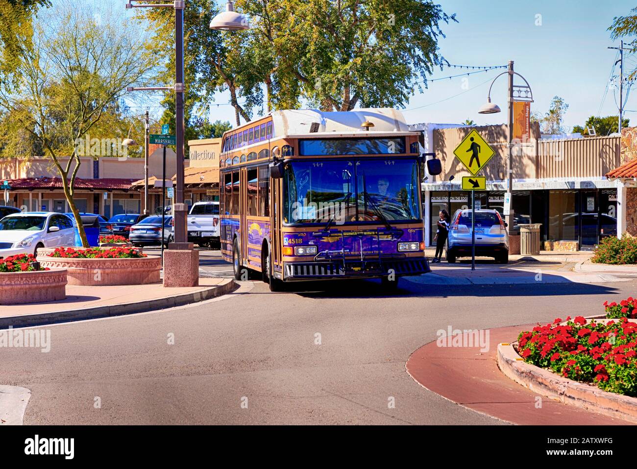 Free bus shuttle that drives around Old Town Scottsdale AZ seen near ...