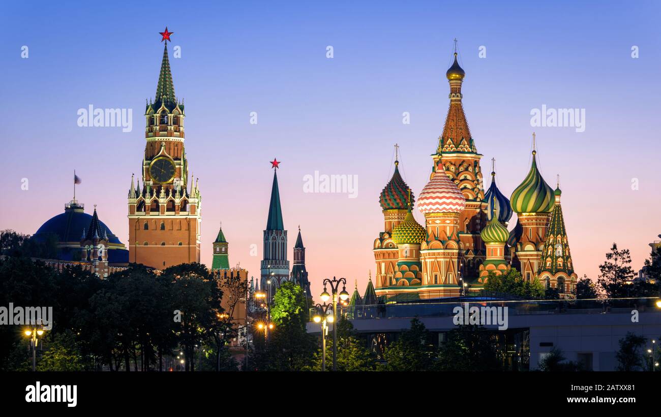 Moscow Kremlin and St Basil`s Cathedral at night, Russia. This place is ...