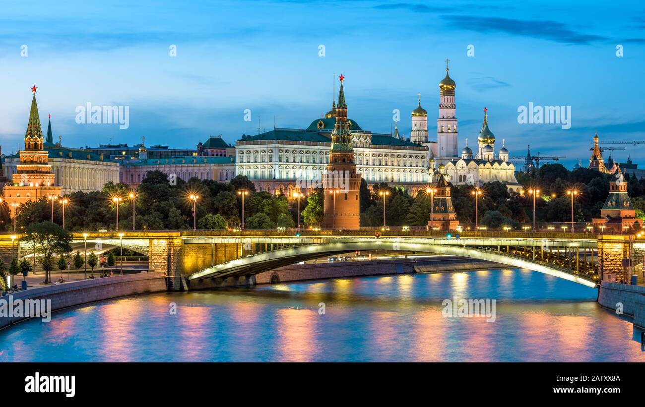 Moscow Kremlin by Moskva River at night, Russia. Panorama of the famous ...