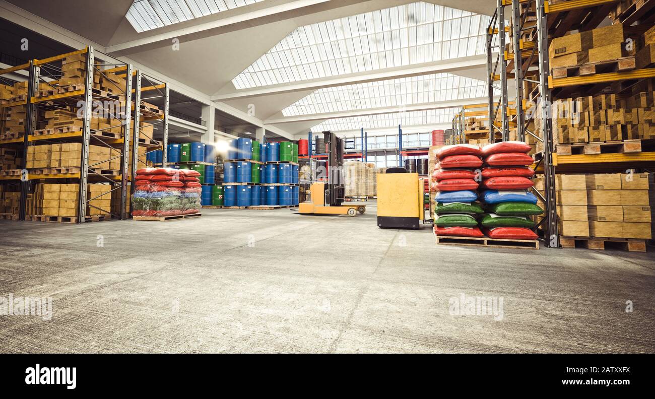 interior of a storage warehouse with means for moving goods, nobody ...