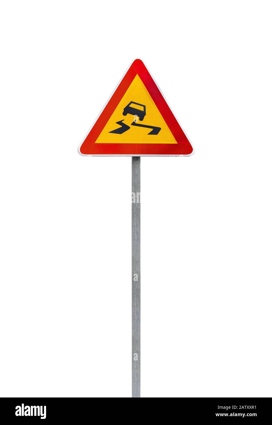 Slippery road, warning triangle road sign on a metal pole isolated on ...
