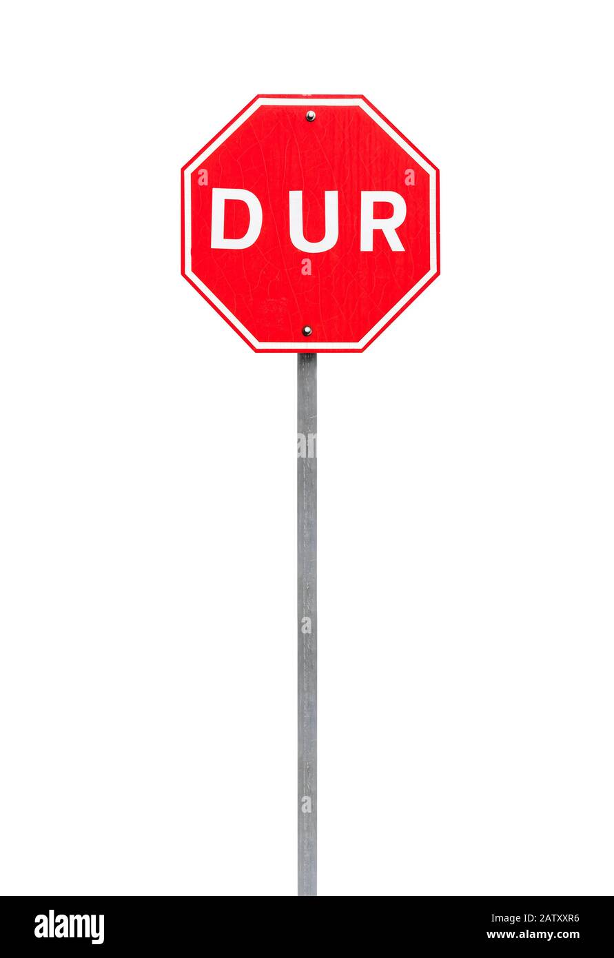 Turkish STOP road sign on a metal pole isolated on white, vertical ...