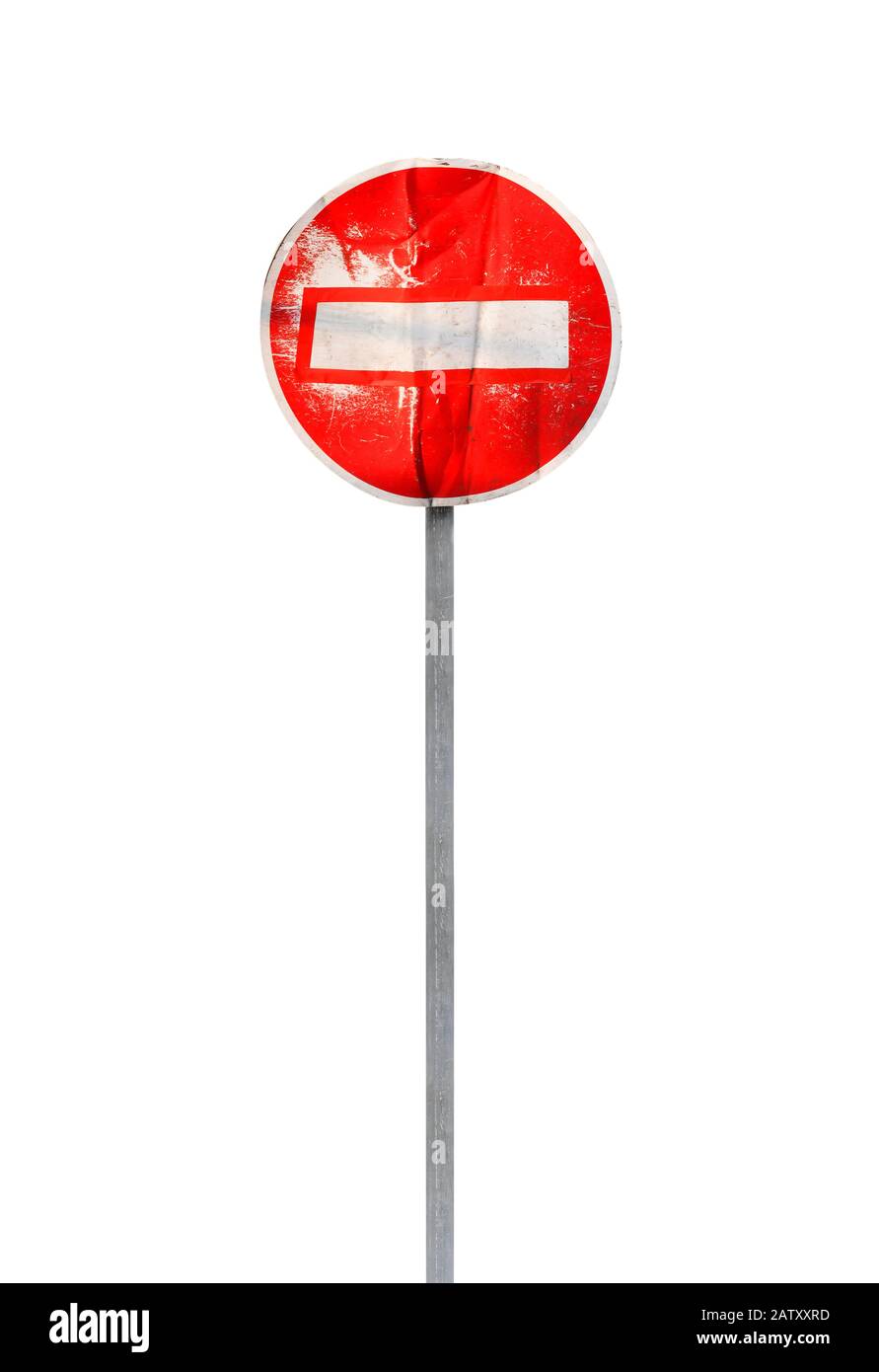 Old weathered No Entry sign on a metal pole isolated on white, vertical ...