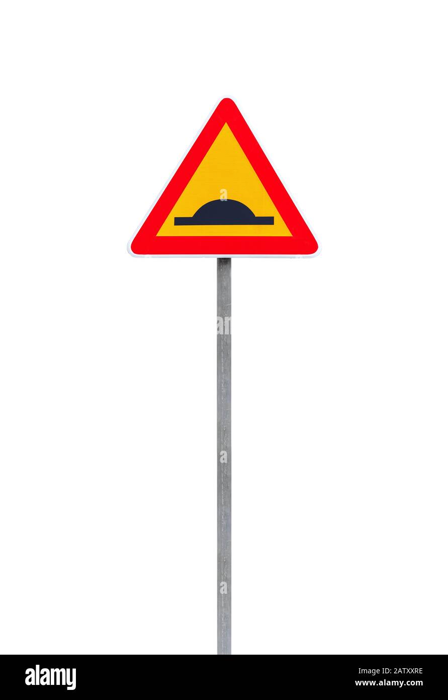 Speed Hump, triangle traffic sign on a metal pole isolated on white ...