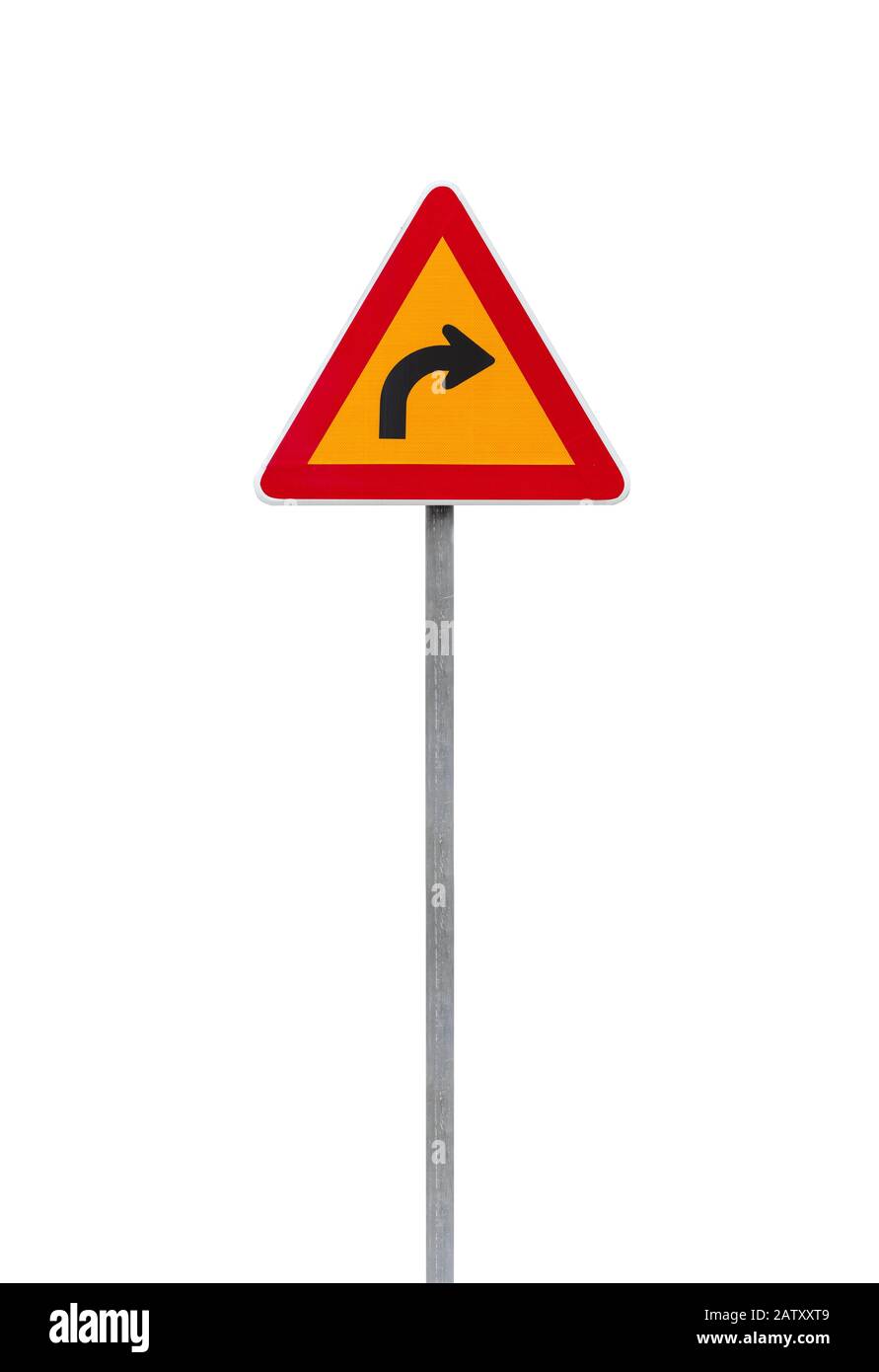 Dangerous turn right, warning traffic sign on metal pole isolated on ...