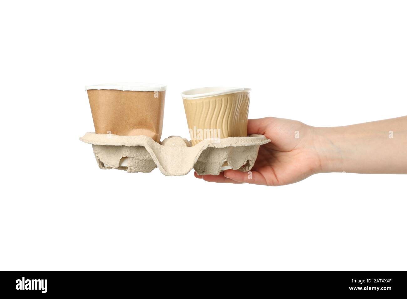 Hand holding recycle paper cups, isolated on white background Stock ...
