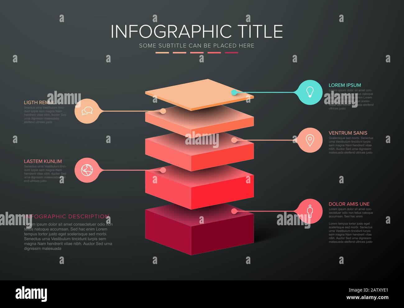 Vector Infographic layers template with five levels for material structure - red template layout ...
