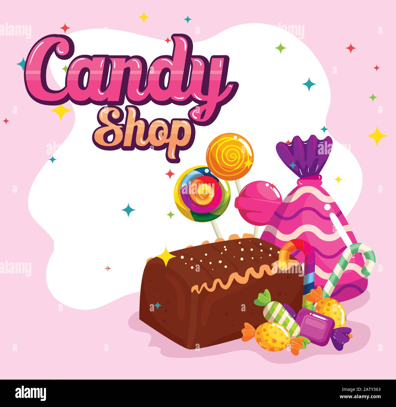 poster of candy shop with chocolate cake and candies Stock Vector Image ...