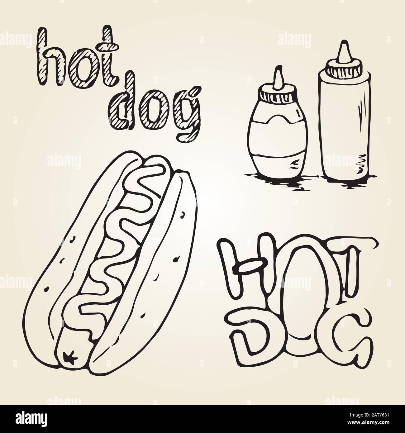 Hot Dog hand drawn illustration. Fast food design elements, sketch of ...