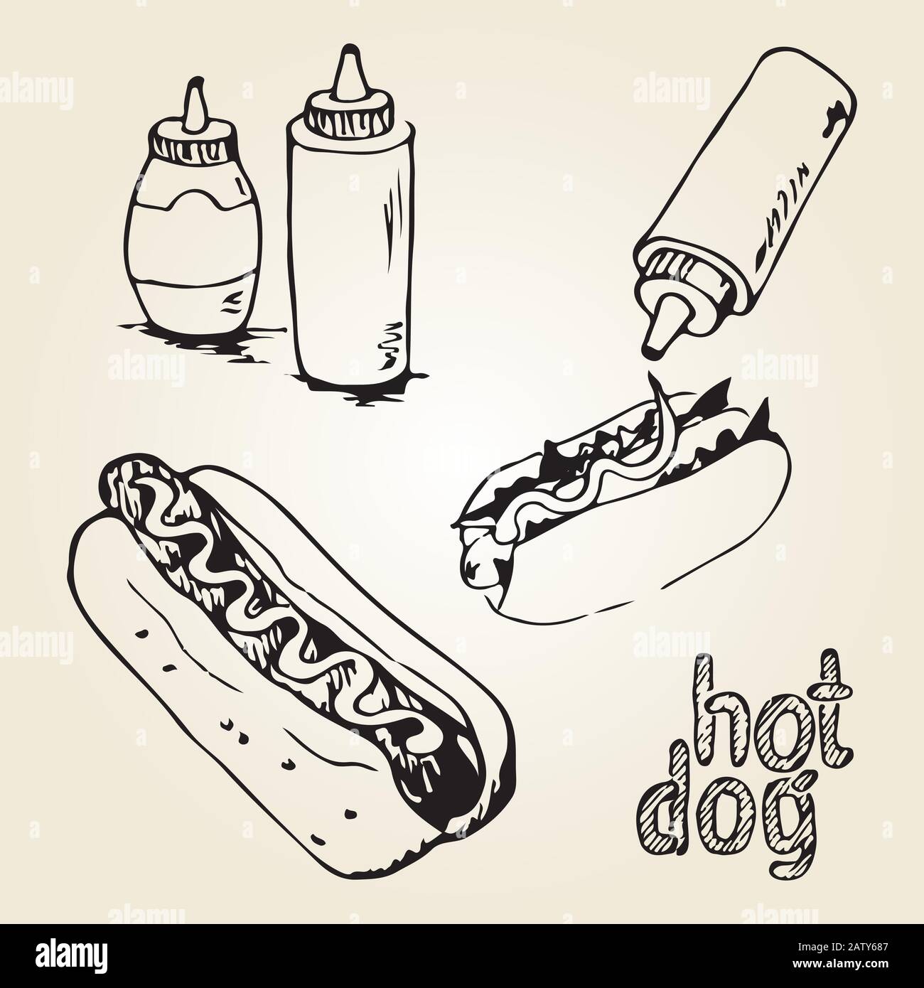 Hot Dog hand drawn illustration. Fast food design elements, sketch of ...