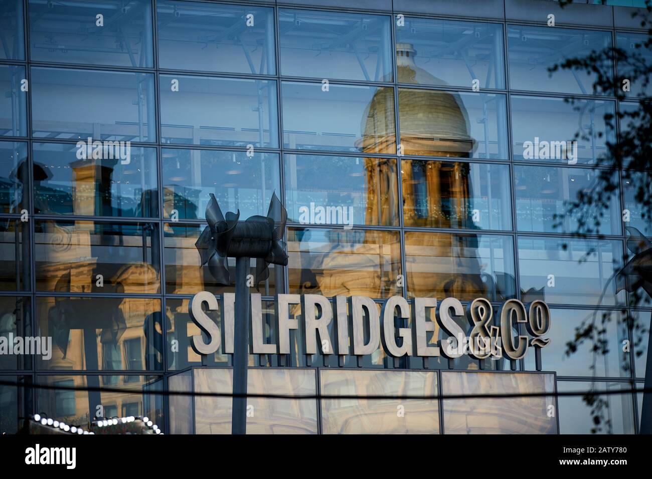Manchester City Centre Selfridges window reflecting the Corn Exchange ...