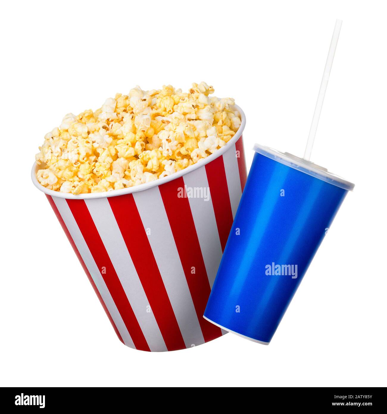 Paper striped bucket with popcorn and cup of soft drink isolated on ...