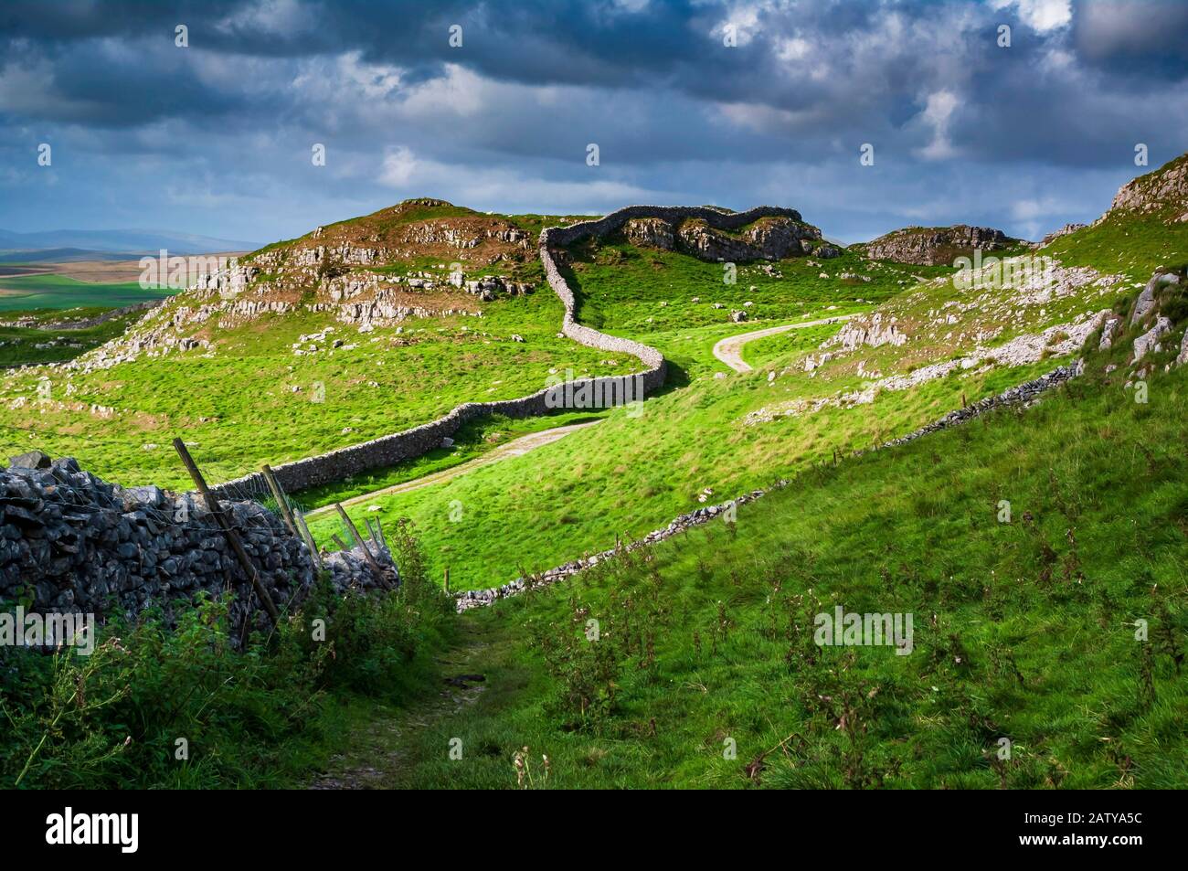 Elegant drystone walling along a crag at the west end of Langcliffe ...
