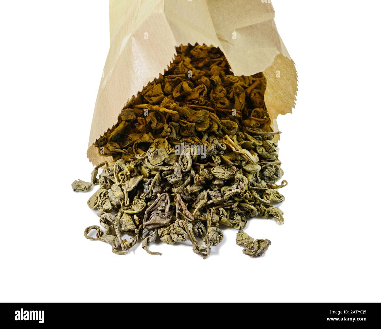 Dry green tea in a paper bag isolated on white background Stock Photo ...