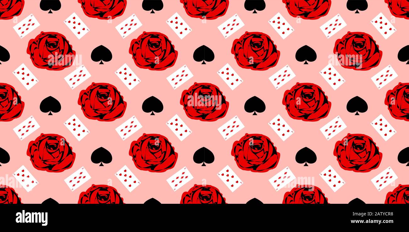 playing cards seamless pattern. Red rose on a pink background Stock ...