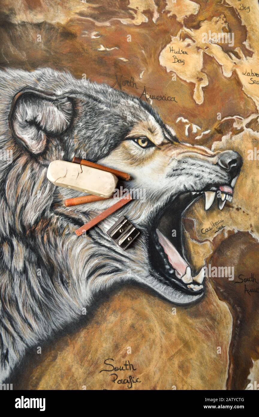 Magnificent animal art painting with an aggressive wolf Stock Photo - Alamy