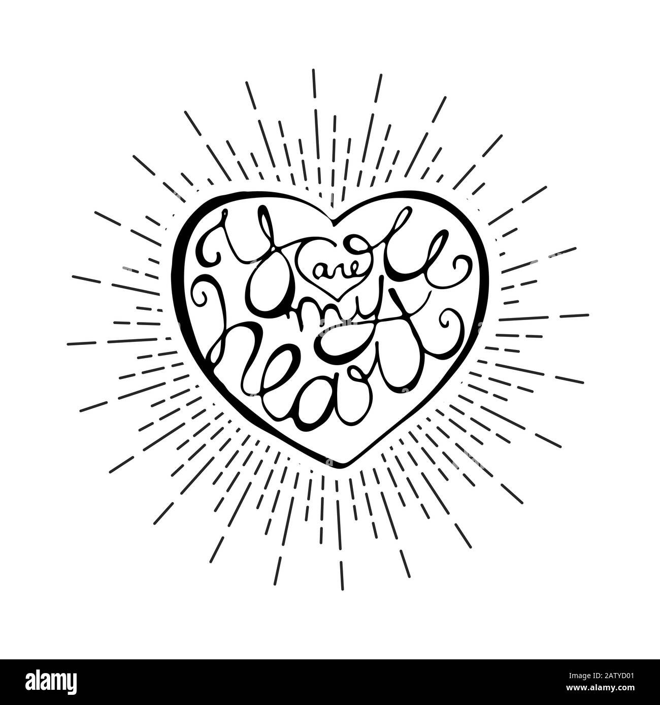 Hand drawn heart shape with calligraphic quote inside and radial rays ...