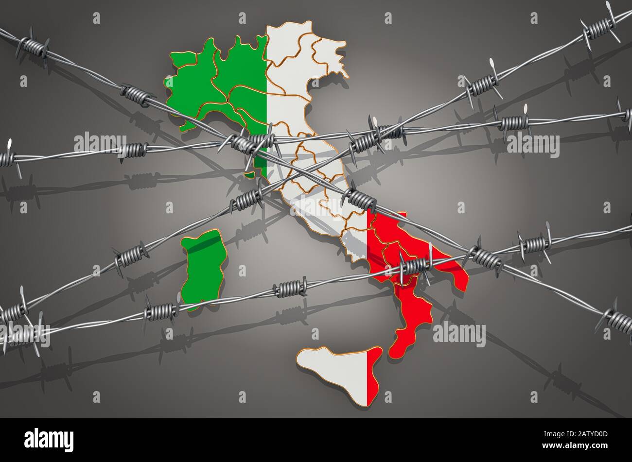 Map of Italy with barbed wire, 3D rendering on grey background Stock ...
