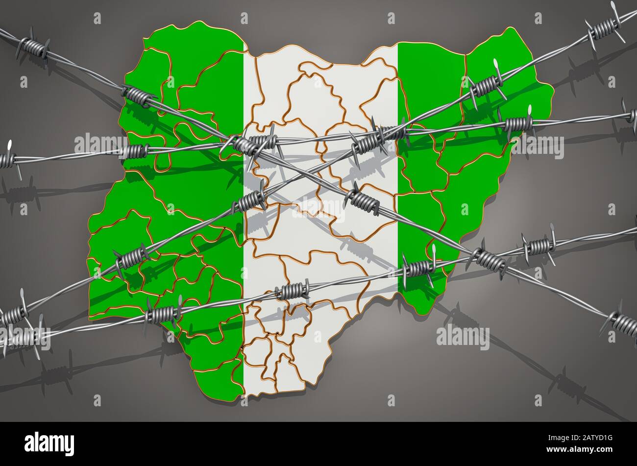 Map of Nigeria with barbed wire, 3D rendering on grey background Stock ...