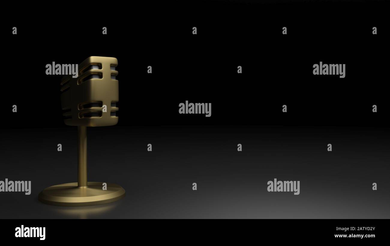Old style satin metal brass microphone on a black background - 3D ...