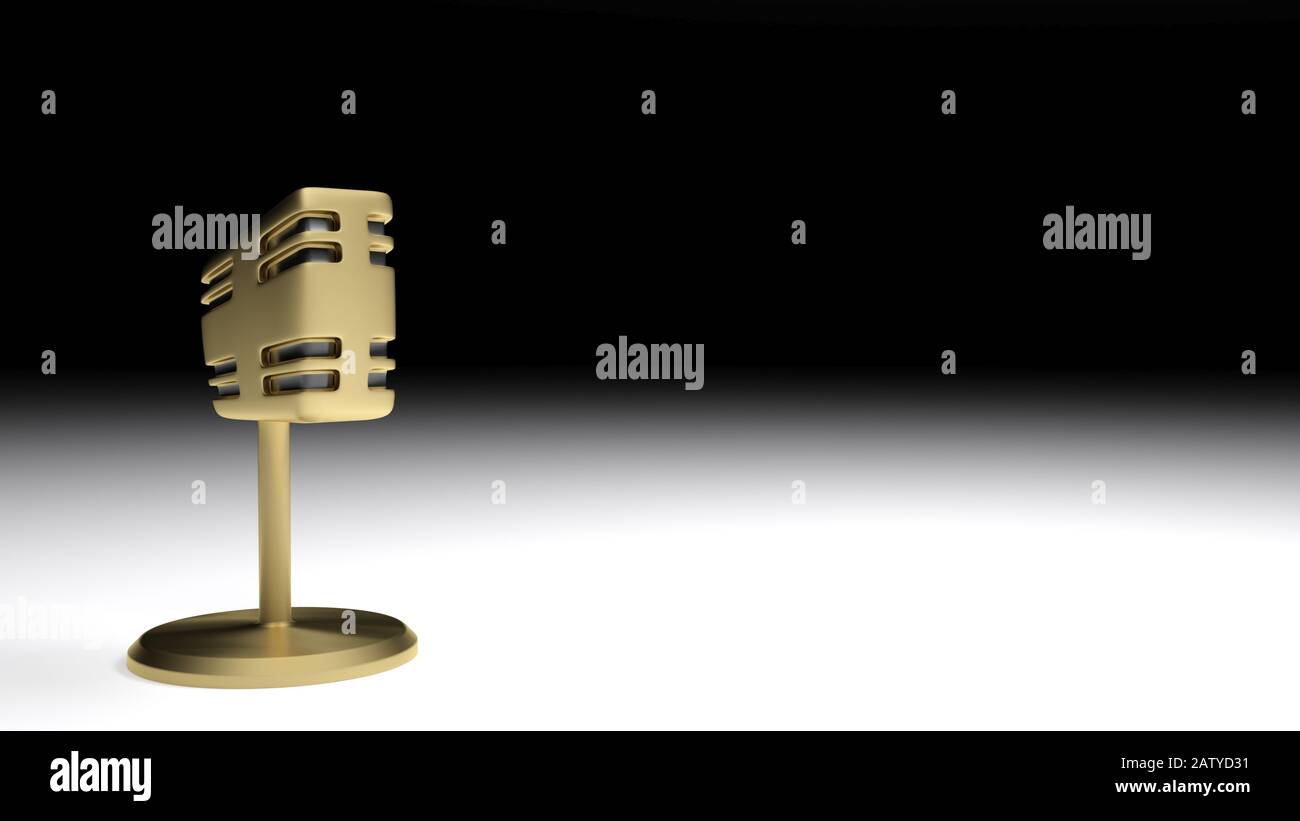 Old style satin metal brass microphone on a white surface, on black ...