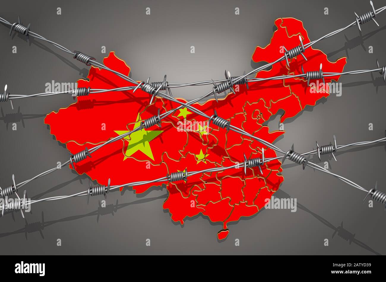 Map of China with barbed wire, 3D rendering on grey background Stock ...