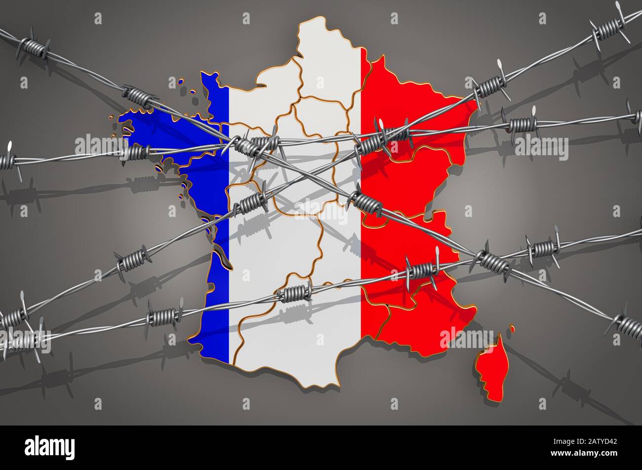 Map of France with barbed wire, 3D rendering on grey background Stock ...