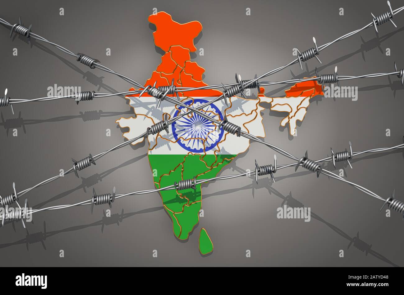 Map of India with barbed wire, 3D rendering on grey background Stock ...