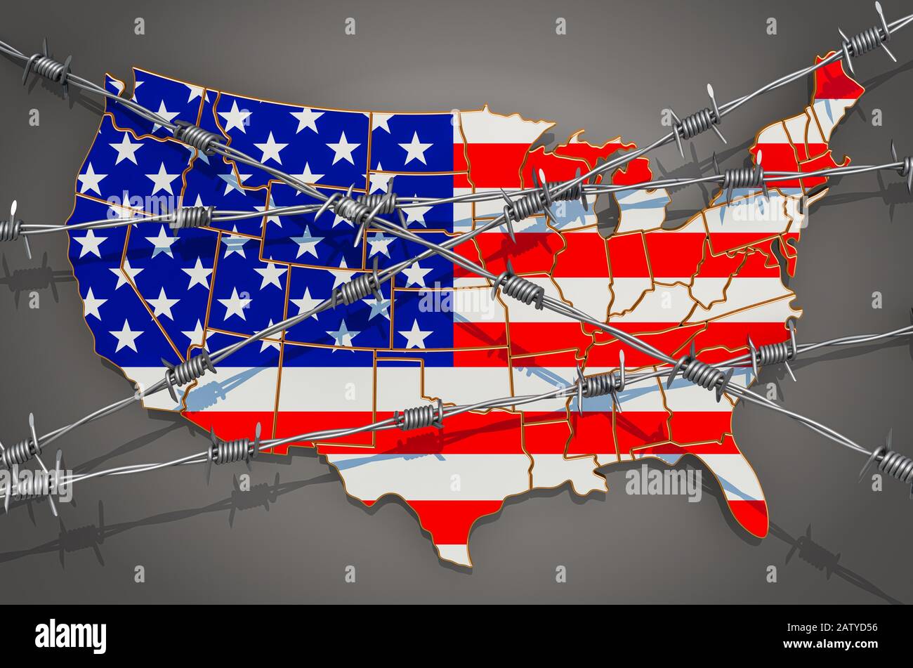 Map of the United States with barbed wire, 3D rendering on grey ...