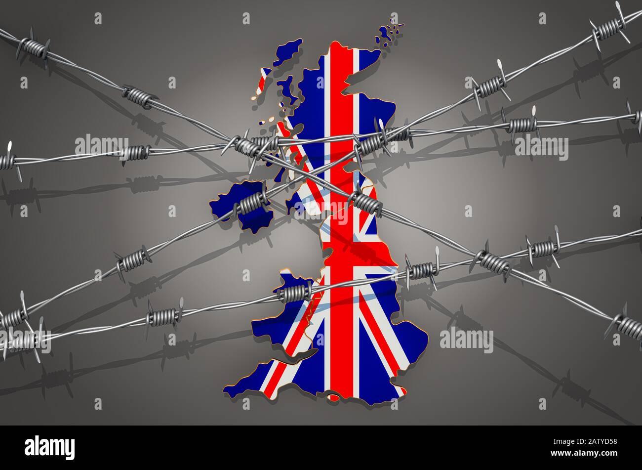 Map of the United Kingdom with barbed wire, 3D rendering on grey ...