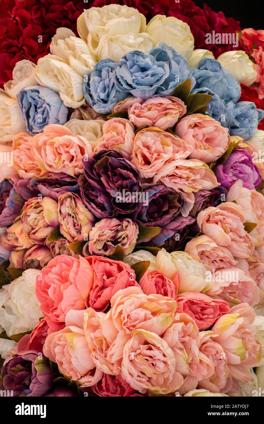 Floral art made of colorful artificial roses in view Stock Photo - Alamy