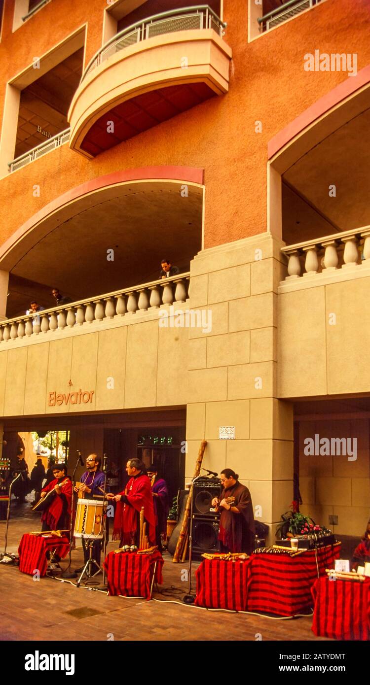 Musicians playing inside the postmodern shopping mall Horton Plaza ...