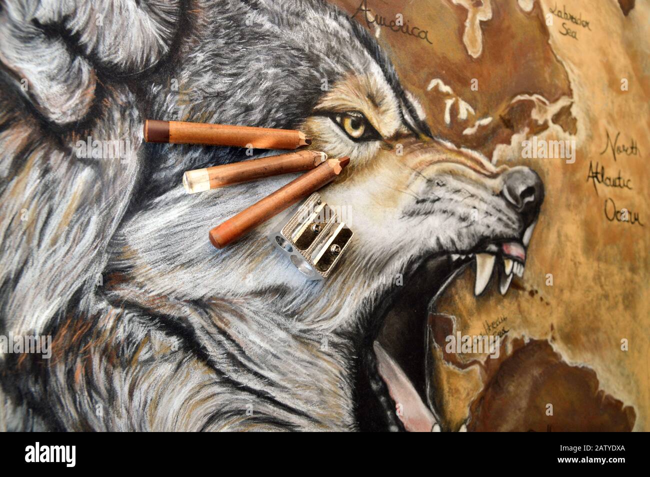 Magnificent animal art painting with an aggressive wolf Stock Photo - Alamy