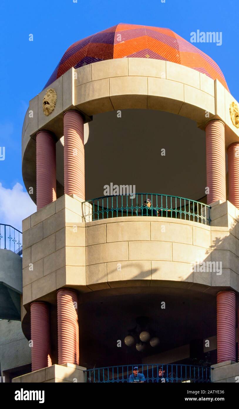 Partial interior view of the postmodern Horton Plaza shopping mall in ...