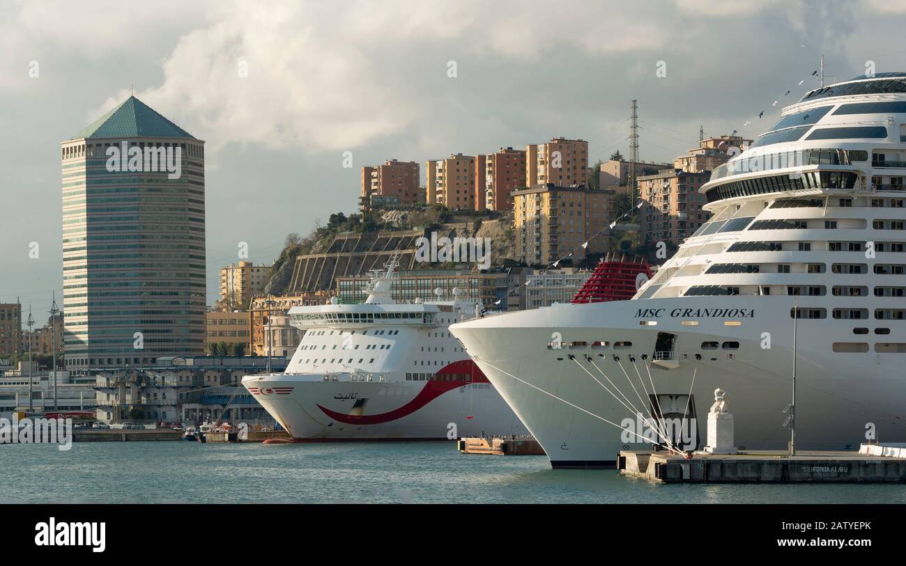 Genoa Italy December 7, 2019: port with big cruise ship and ferry ...