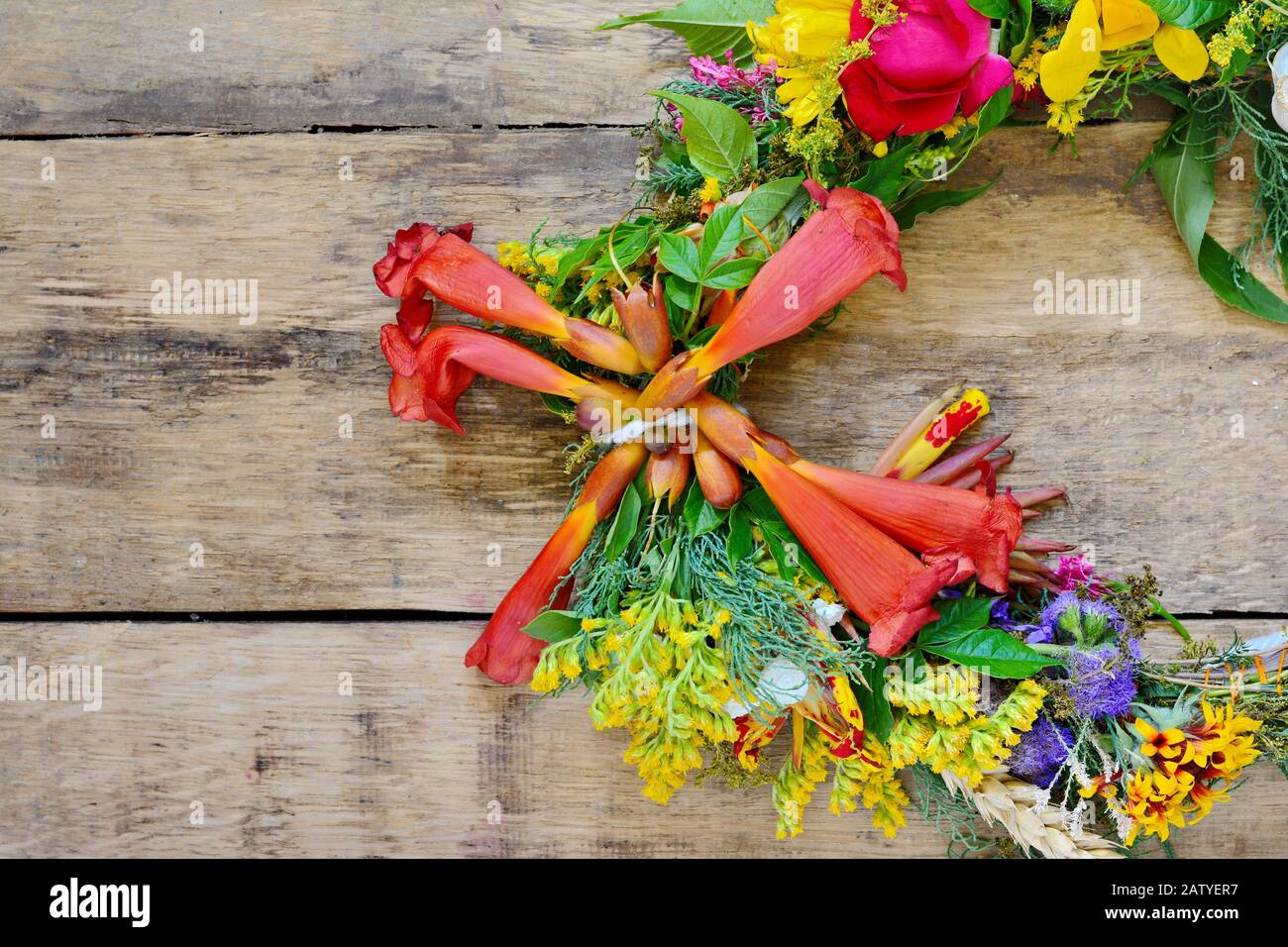 Flower wreath isolated on white vintage wooden background Stock Photo ...
