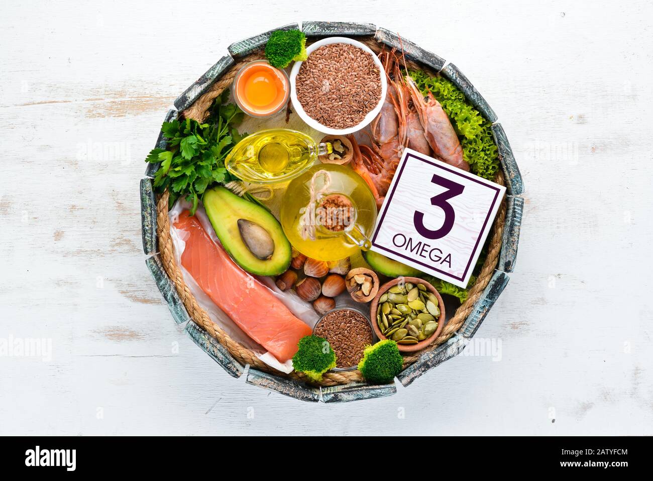 Foods containing omega 3. Vitamin Healthy foods: avocados, fish, shrimp ...