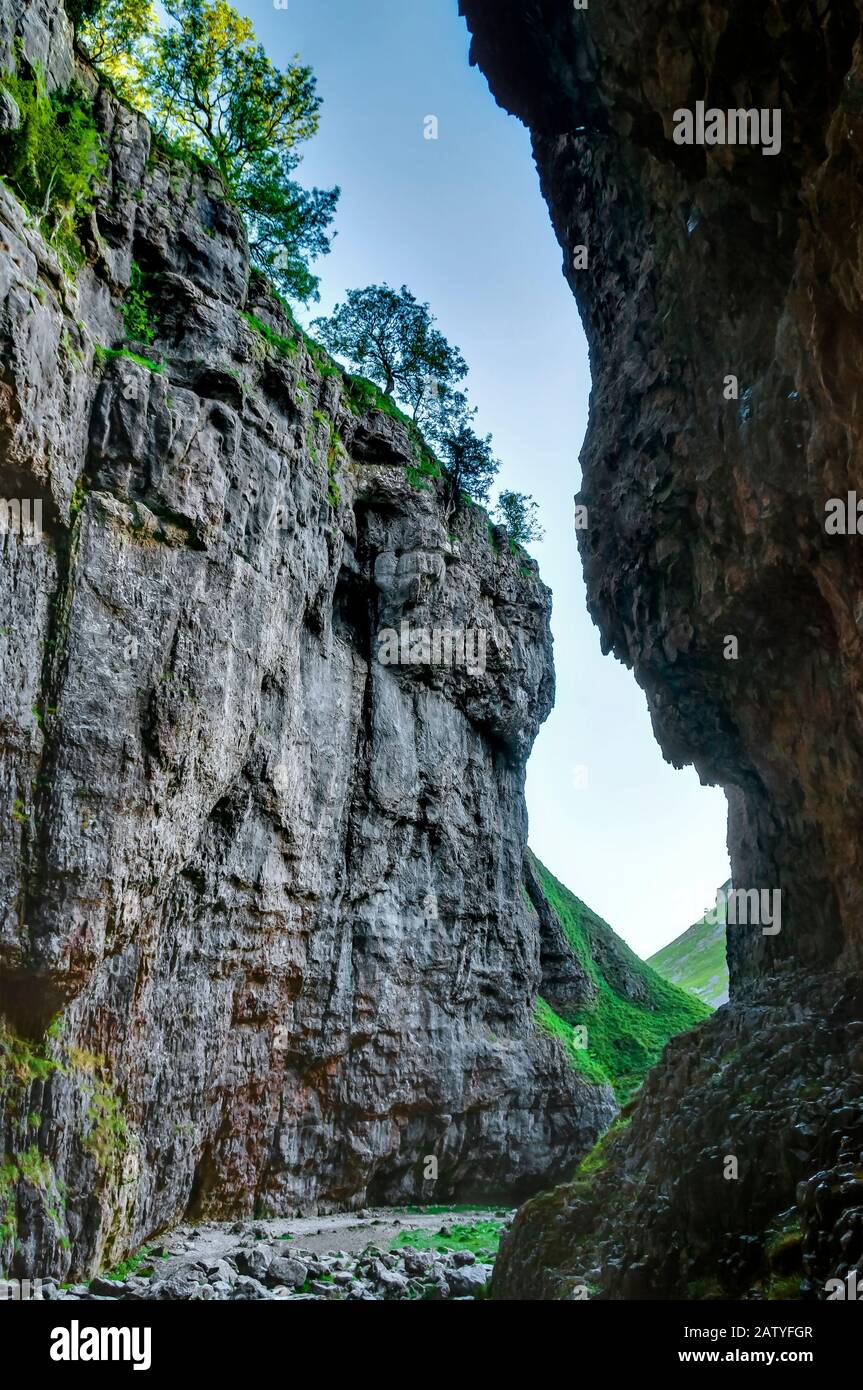 Precipitous view of the gorge at Gordale Scar, Yorkshire Dales National ...