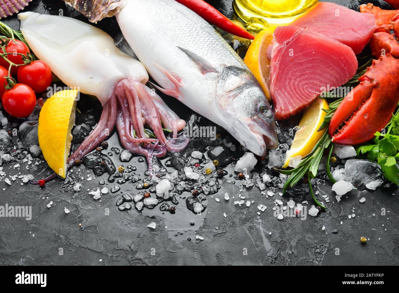 Fresh fish and seafood. Healthy food. Flounder, lobster, squid, tuna ...