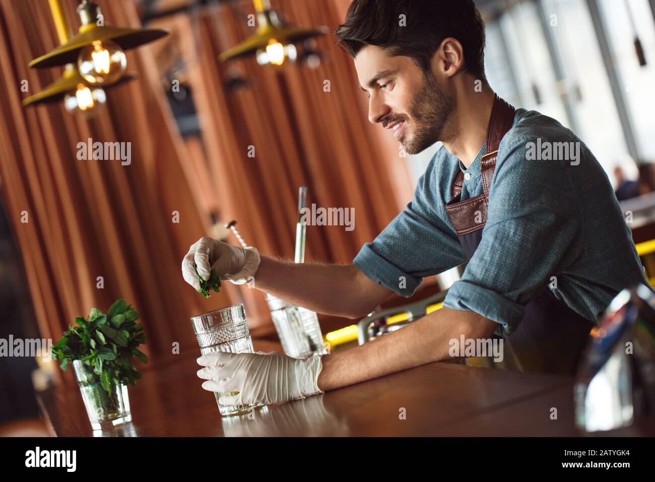 Making Drink. Bartender standing at counter adding mint leaves into glass smiling happy Stock ...
