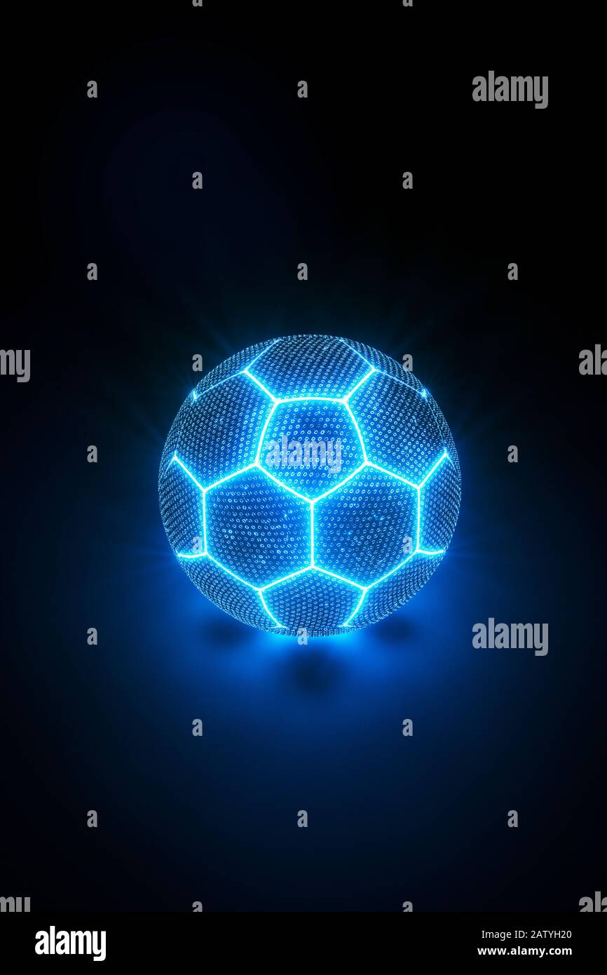 Glowing neon football or soccer ball with blue seams and blue cells ...